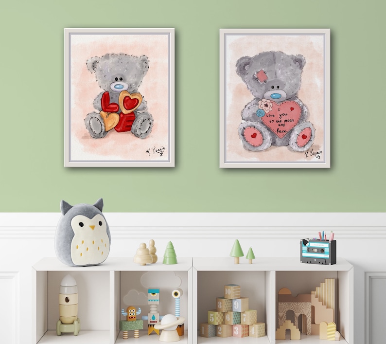 Teddy Bear, Gray Love, Wall ART, Digital Watercolor, Illustration Wall ...