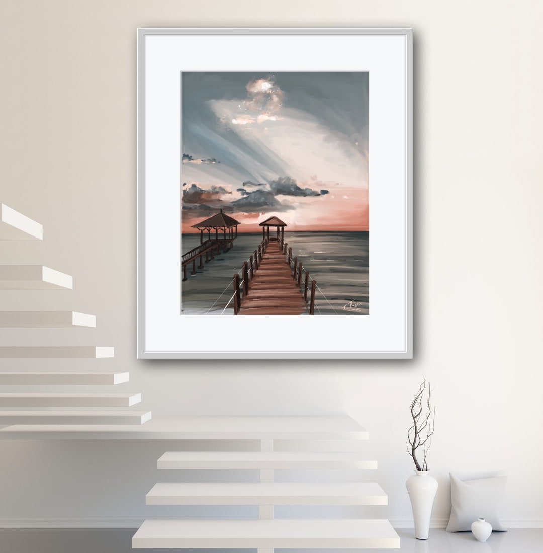 Ocean Sunset Wall Art Painting: Alcove Pergola Charcoal Pastel ...