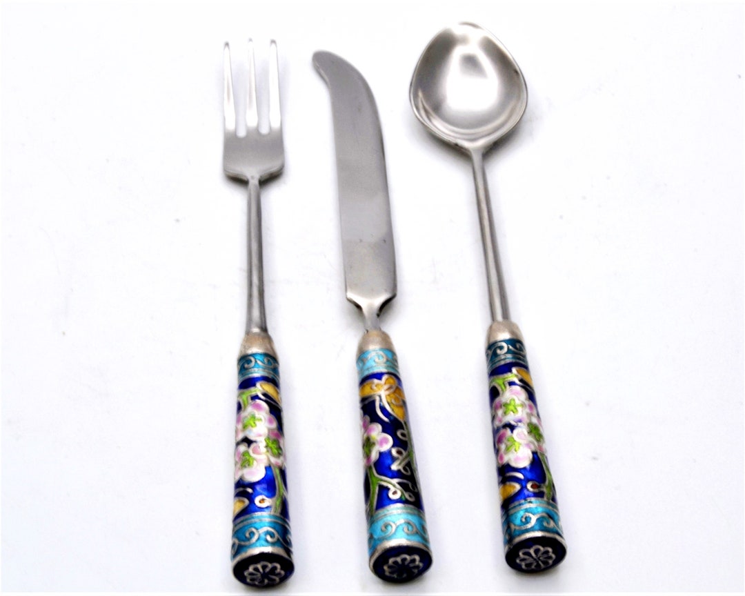 Vintage Chinese Cloisonne Utensil Set. Fork Knife & Spoon. Hand Painted ...