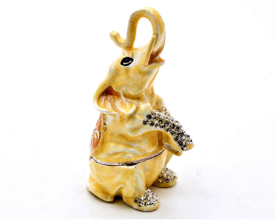 Bejeweled Circus Elephant Trinket Box. Hand Painted Beige Enamel With ...