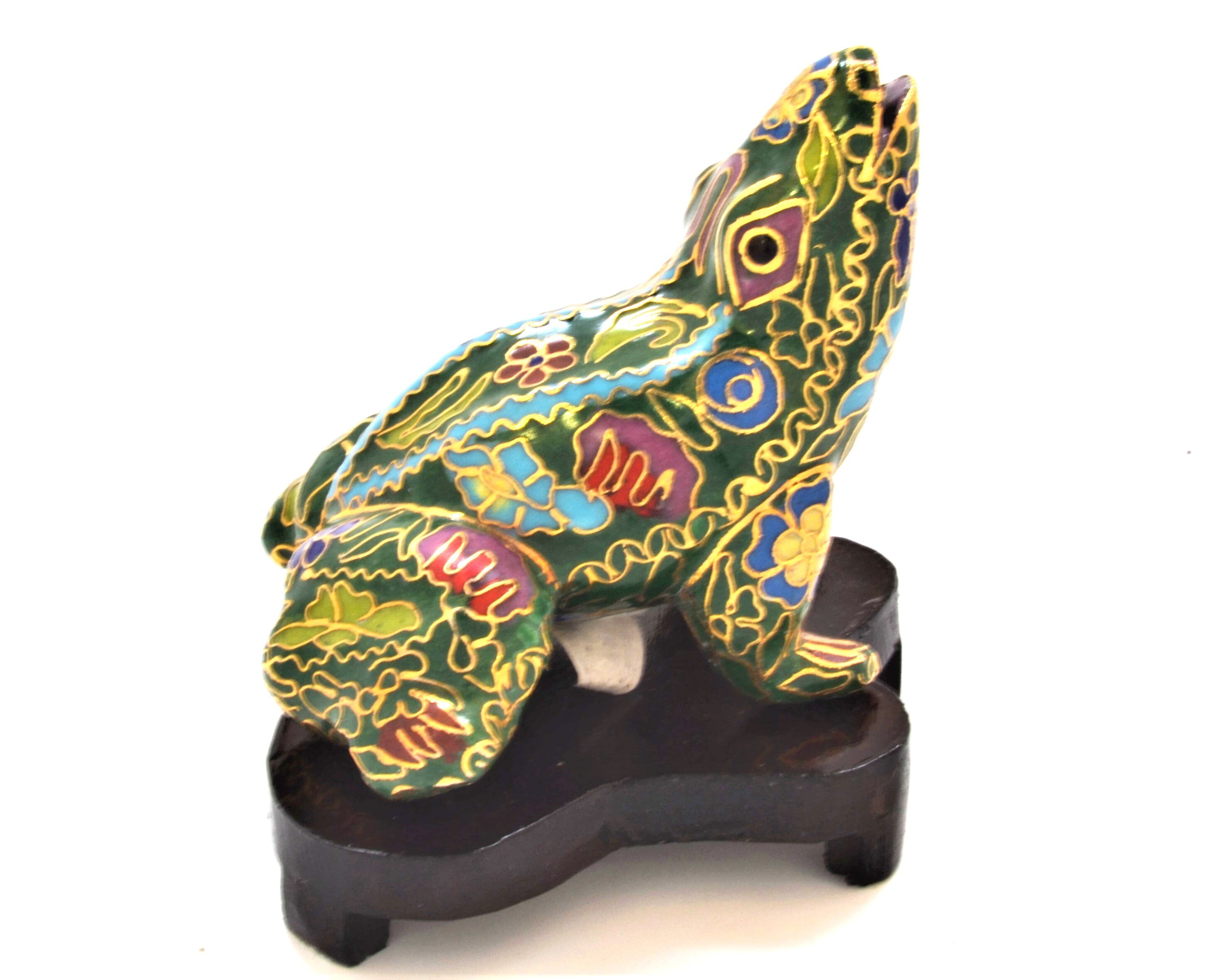 Vintage Cloisonne Frog on Wood Stand. Lovley Floral Pattern. Hand Mady ...
