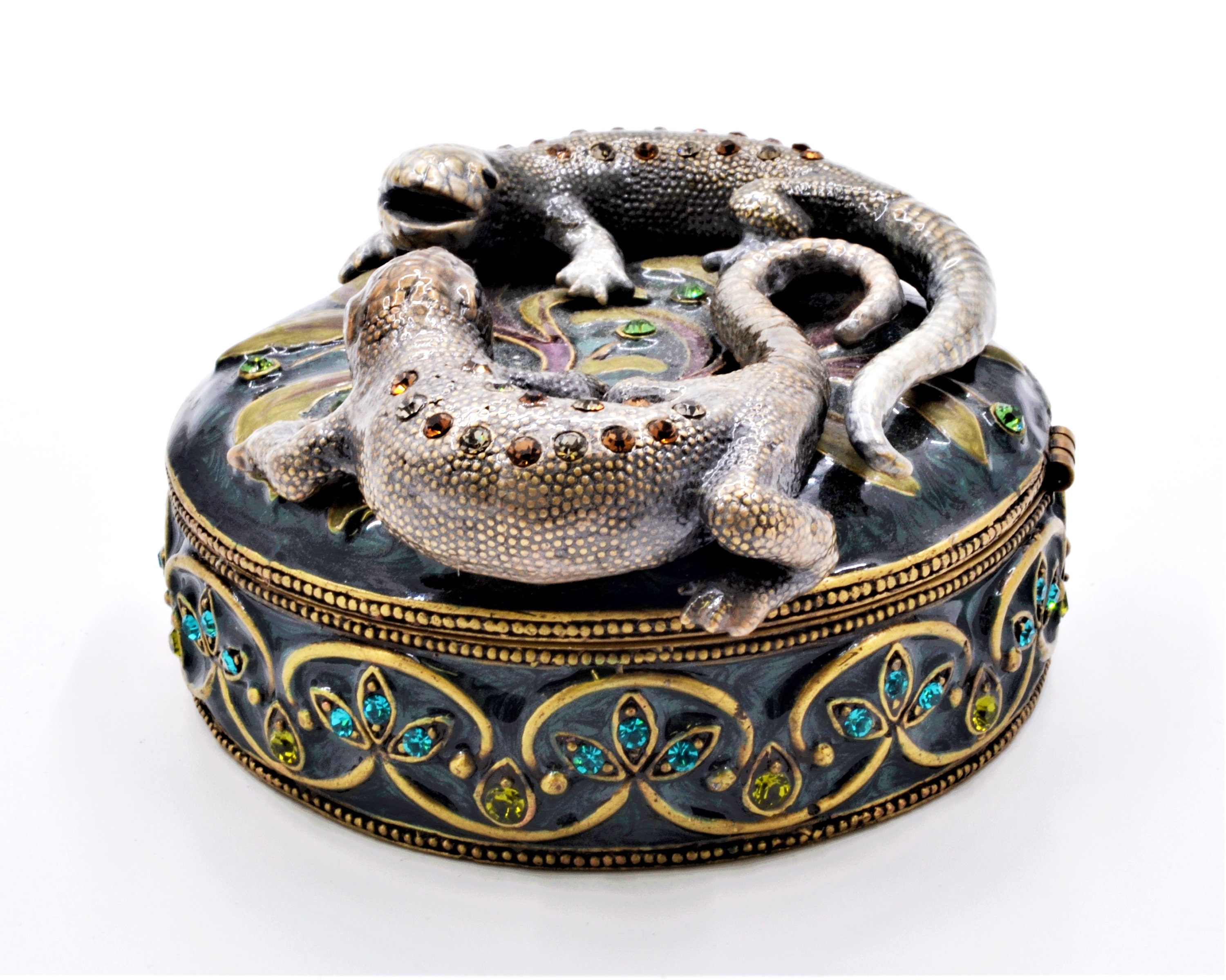 Jeweled 2 Lizards on Round Floral Trinket Box. Hand Crafted | Etsy