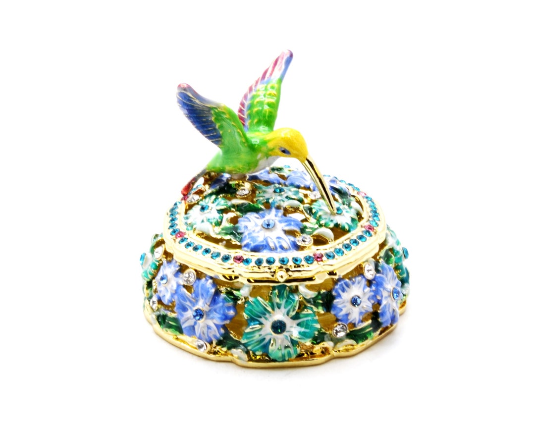 Jeweled Hummingbird on Round Floral Trinket Box. Hand Painted Colorful ...