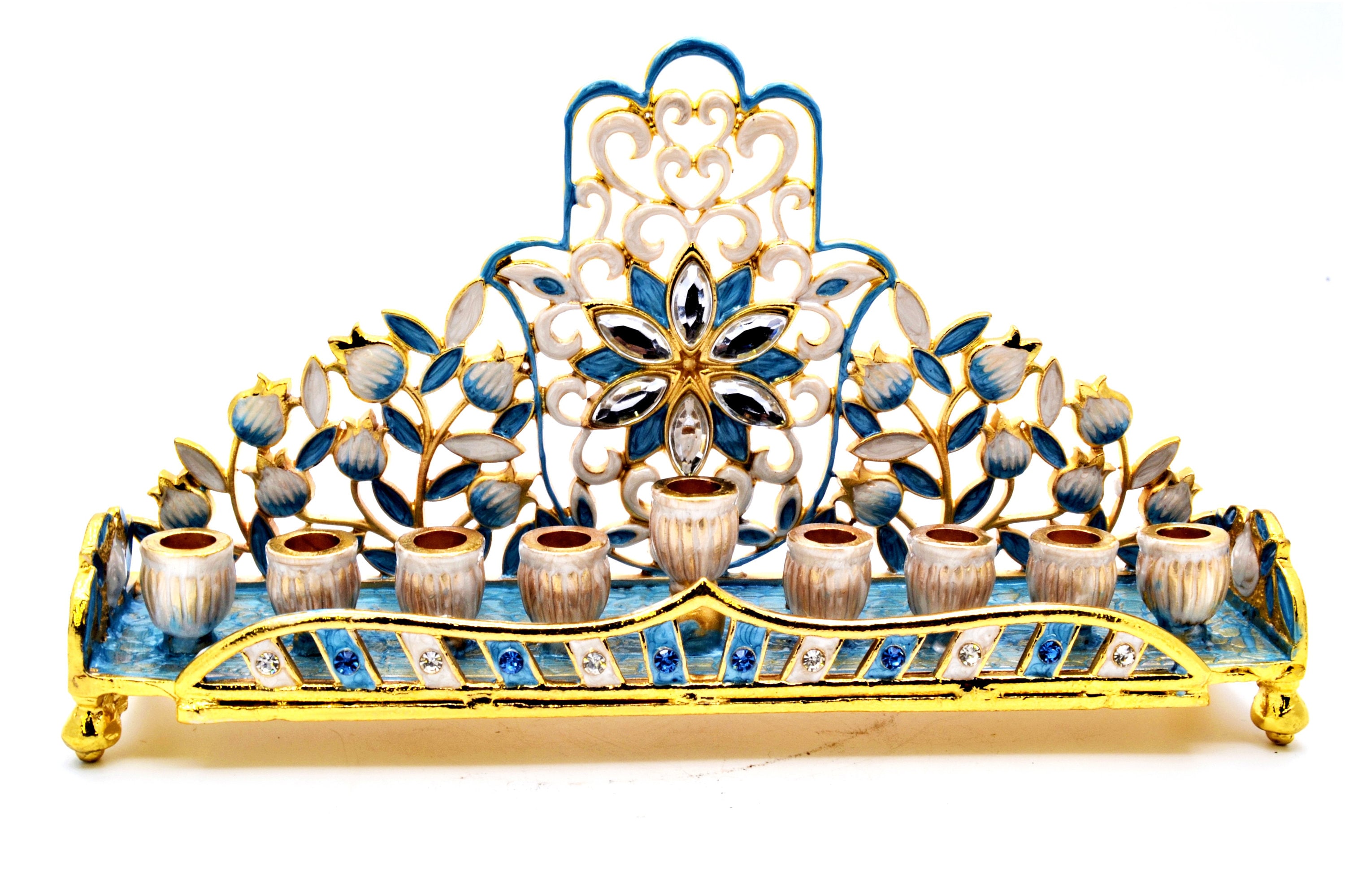 Jeweled Menorah With Hamsa Hand. Hand Set Swarovski Crystals & Blue ...