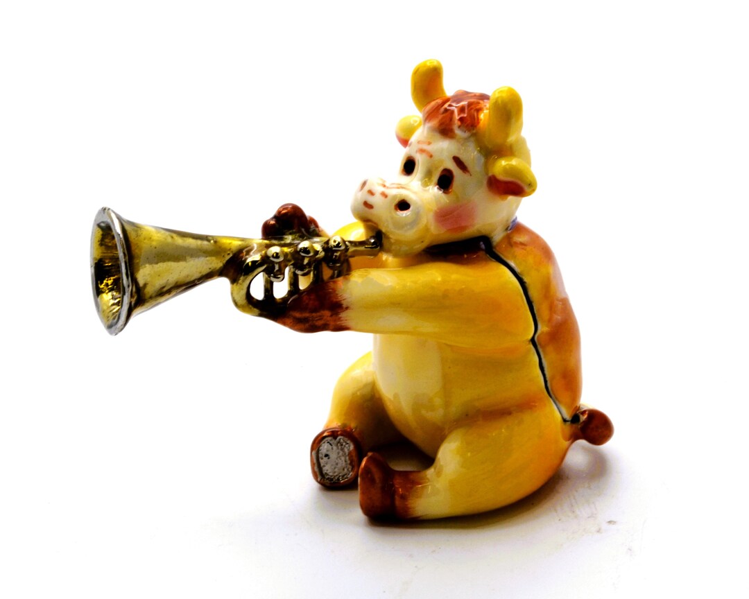 Funny Sitting Ox Playing Musical Instrument. Hand Painted Enamel With ...