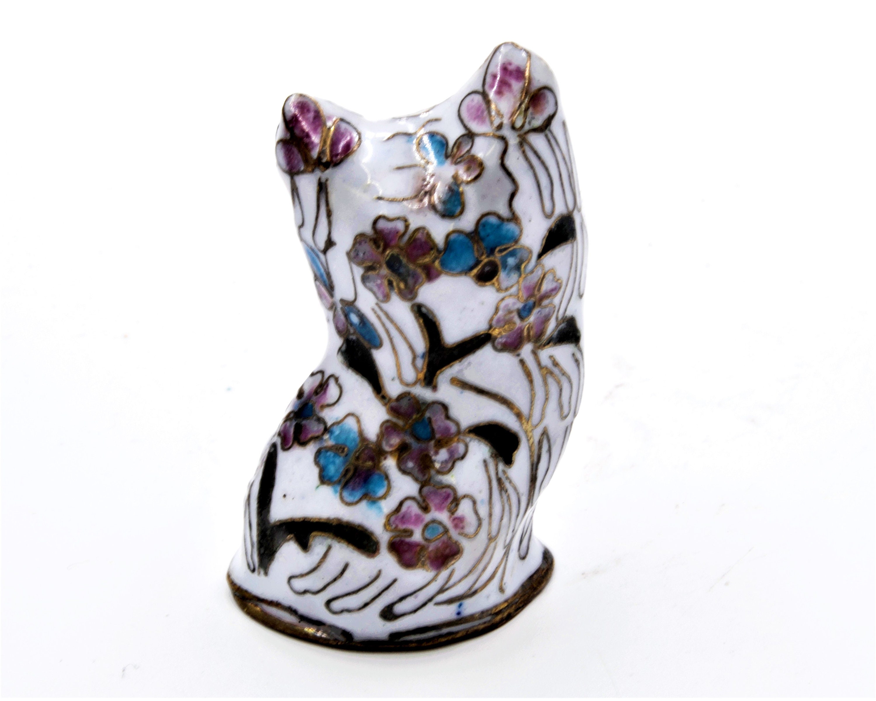 Vintage Chinese Cloisonne Cat Figurine. Hand Painted Enamel With Floral ...