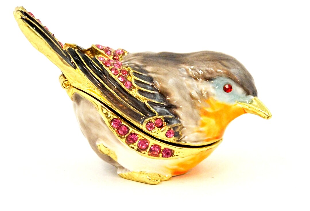 Bejeweled Small Sparrow Bird Trinket Box. Hand Painted Colorful Enamel ...