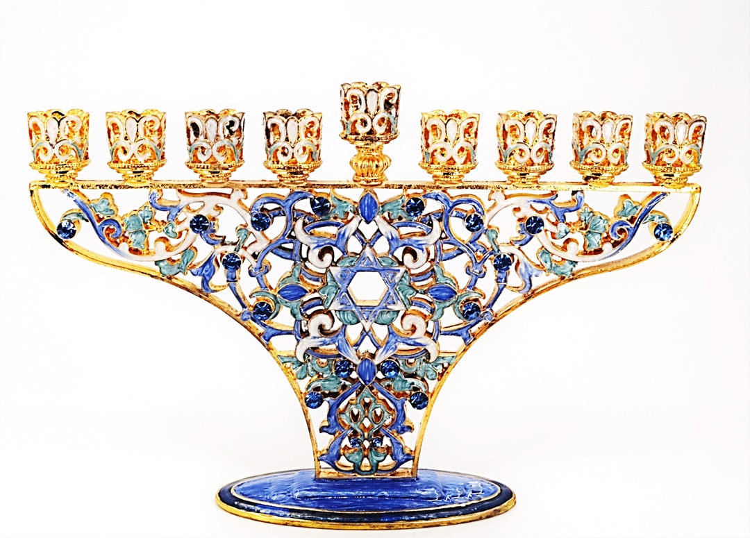 Bejeweled Decorative Menorah Candle Holder. Hand Painted Enamel With ...