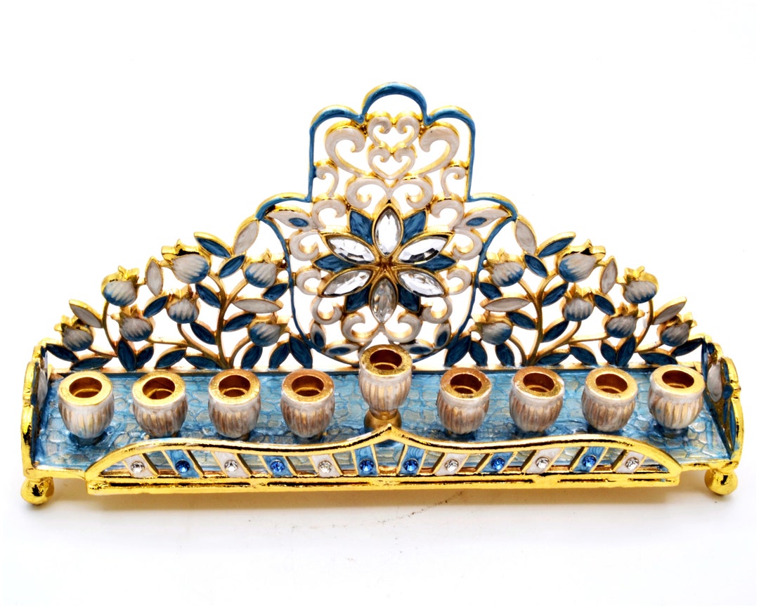 Jeweled Menorah With Hamsa Hand. Hand Set Austrian Crystals & Blue ...