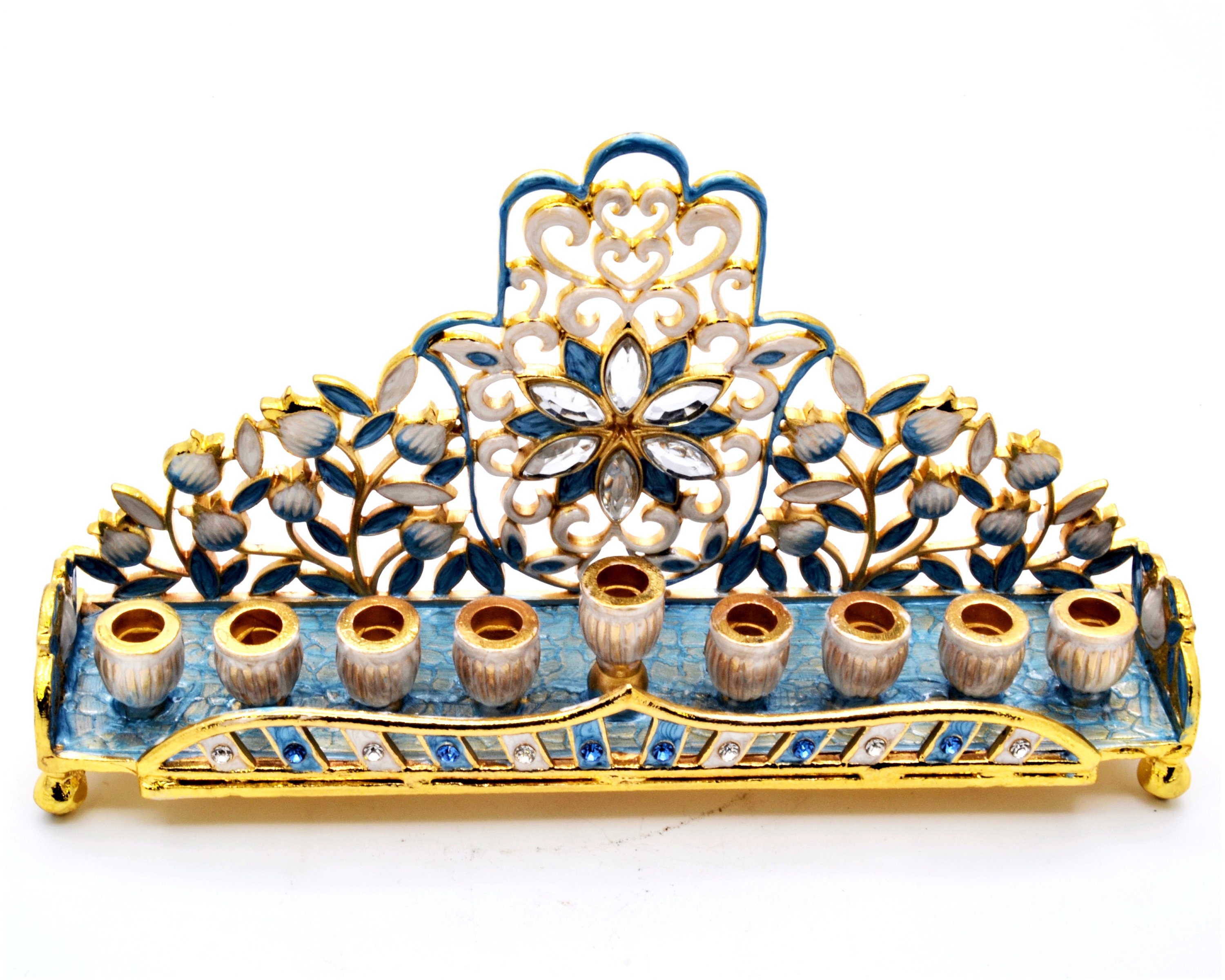Jeweled Menorah With Hamsa Hand. Hand Set Swarovski Crystals & Blue ...