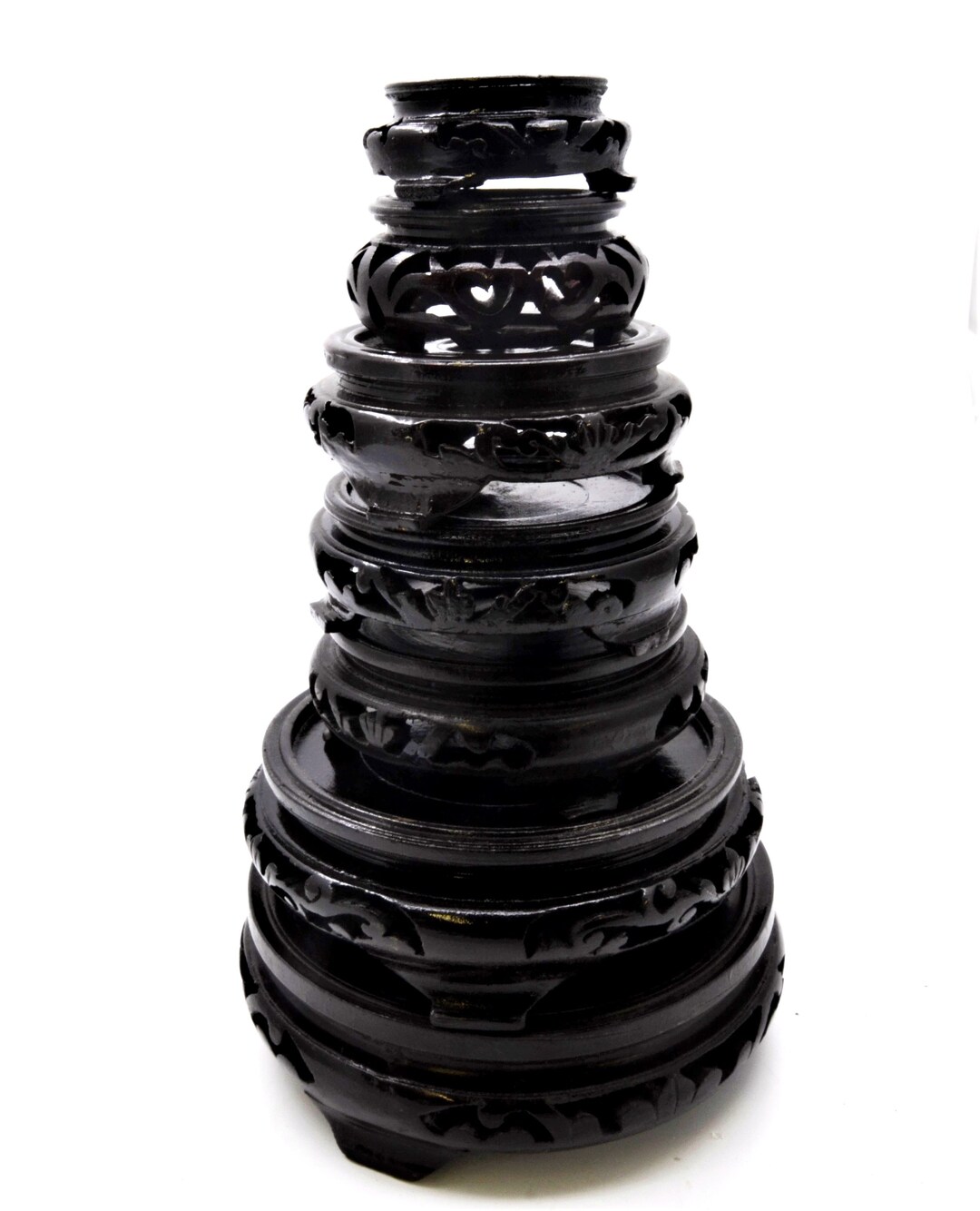 Set of 7 Vintage Round Display Rosewood Stand. Hand Carved & Crafted ...