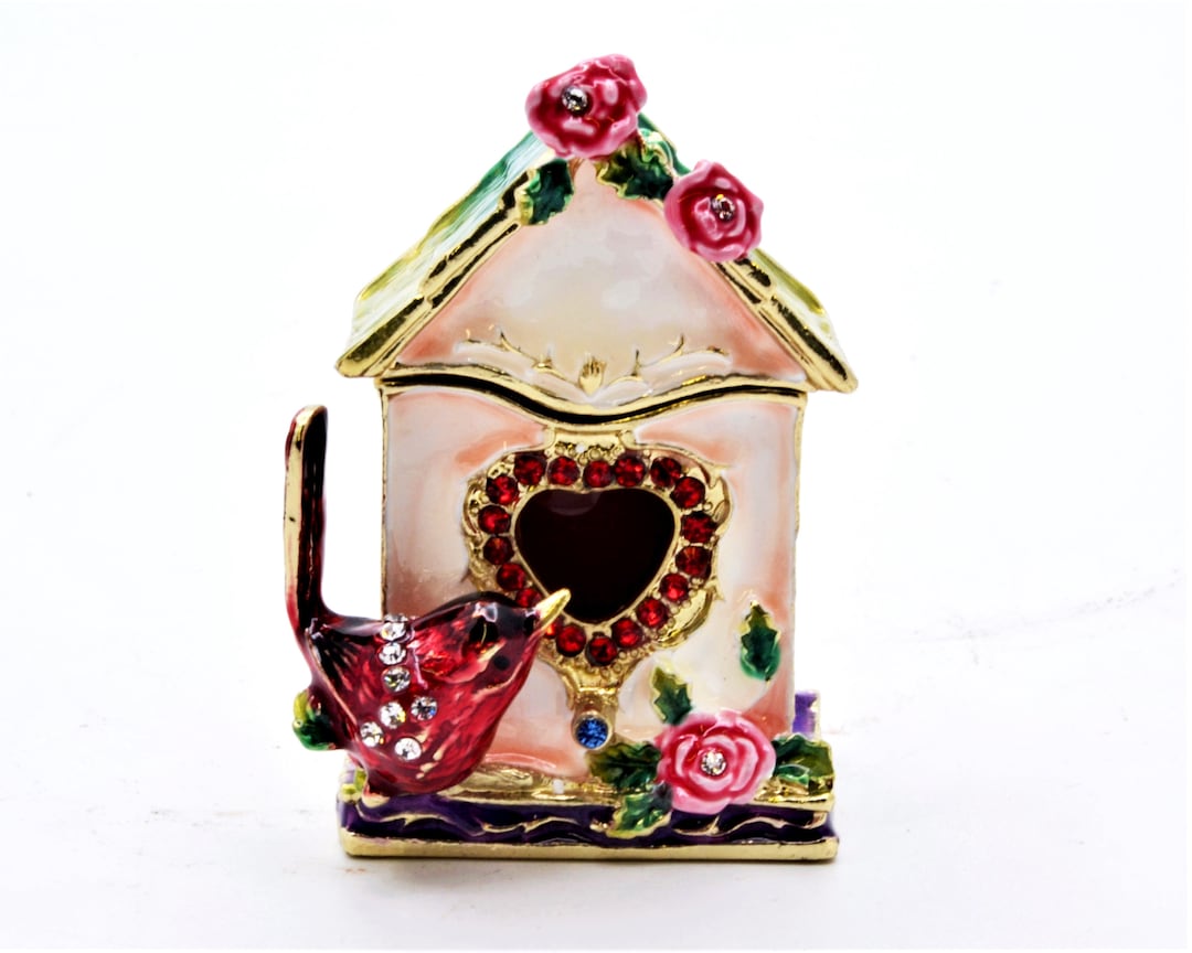 Jeweled Cardinal Birdhouse Trinket Box. Hand Set Swarovski Crystals ...