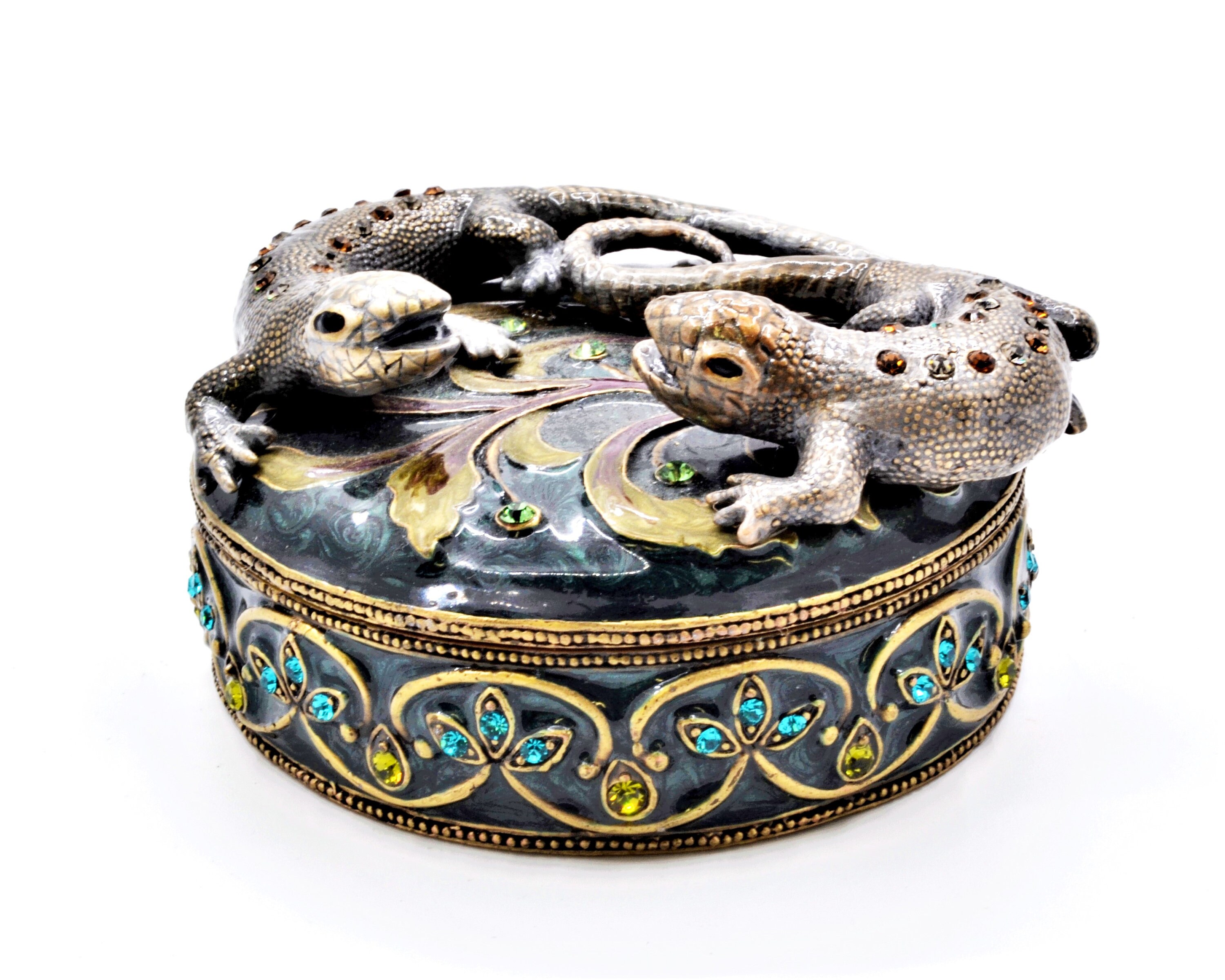 Jeweled 2 Lizards on Round Floral Trinket Box. Hand Crafted | Etsy