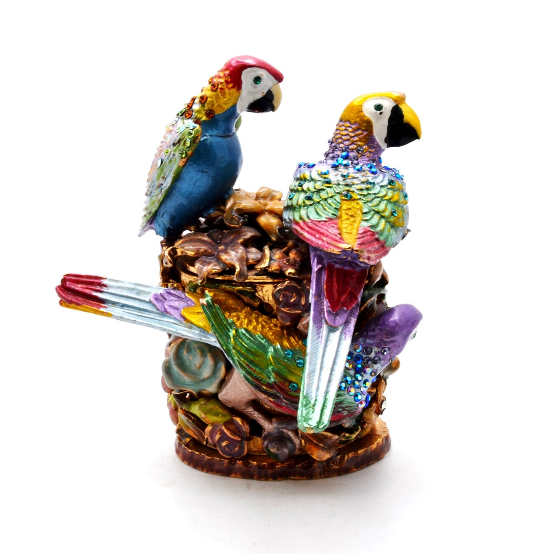 Jeweled 3 Parrots on Floral Trinket Box. Hand Crafted With Colorful ...