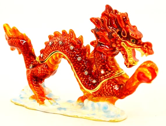 Chinese Dragon Trinket Box. Hand Painted Red Enamel & - Etsy