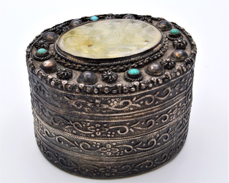 Vintage Silver Plate Box With Genuine Turquoise & Serpentine Jade. Hand ...