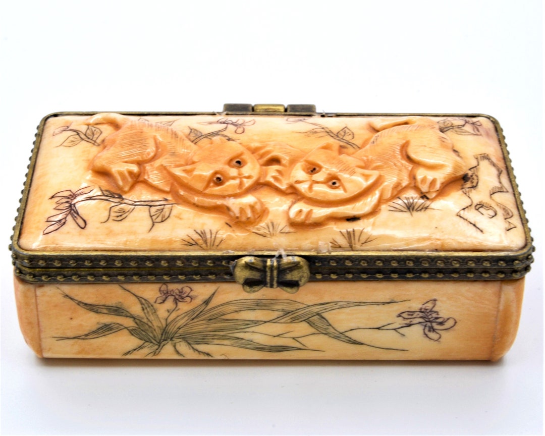 Hand Carved Cow Bone Snuff Box With Lovely Scrimshaw Work. 2 Designs to ...