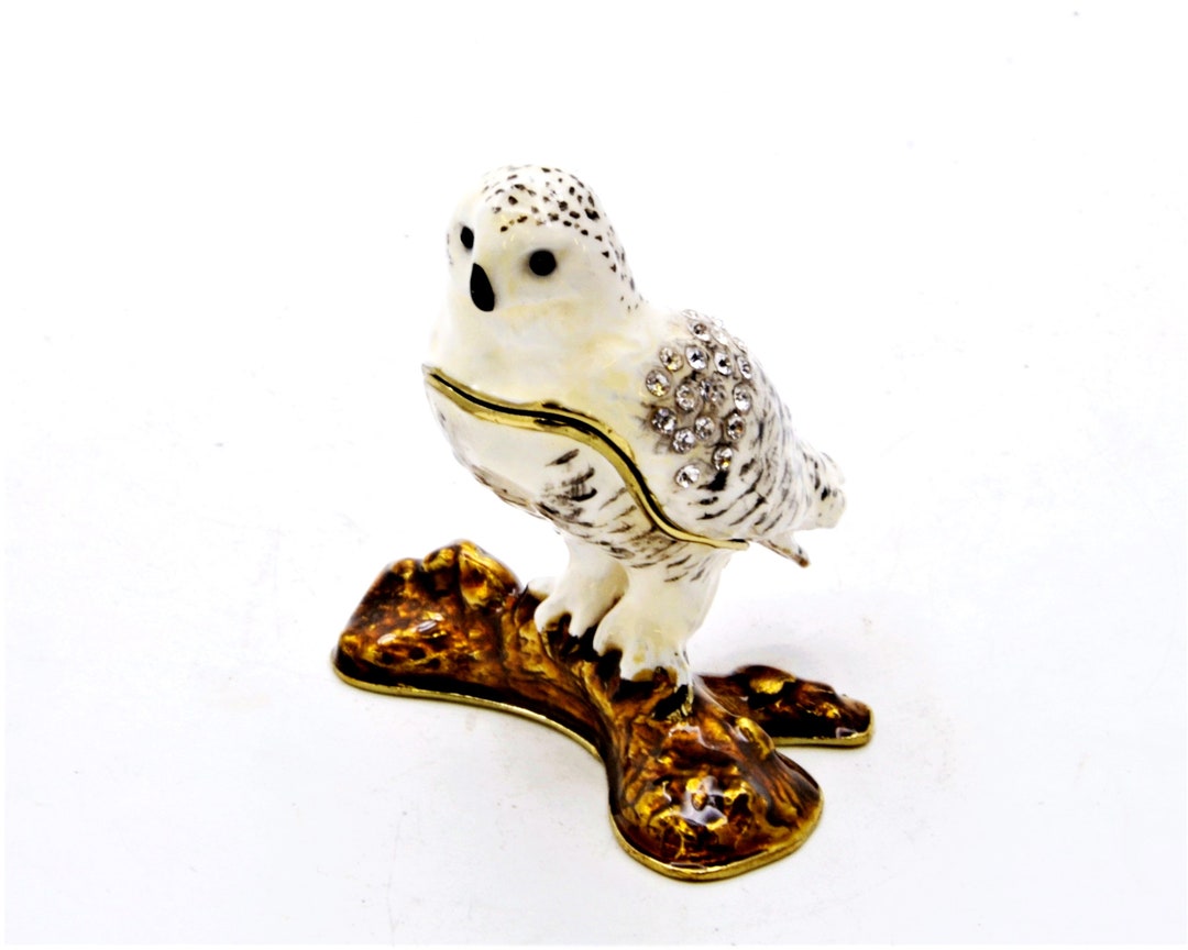 Bejeweled Owl Trinket Box Sitting on Tee Branch. Hand Painted Enamel ...