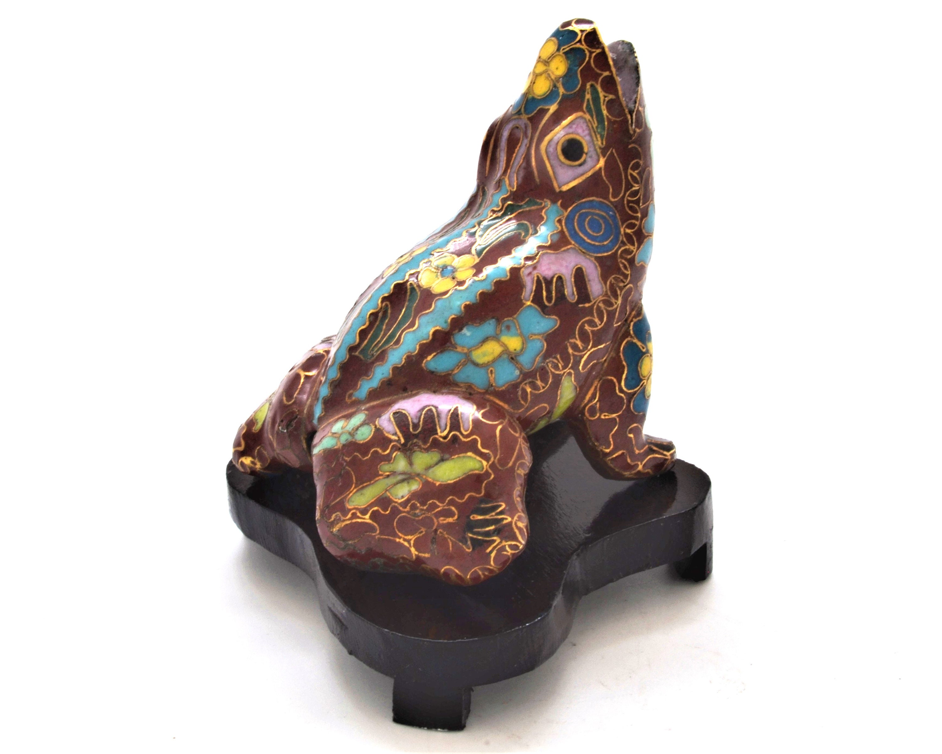 Vintage Cloisonne Frog on Wood Stand. Lovley Floral Pattern. Hand Mady ...