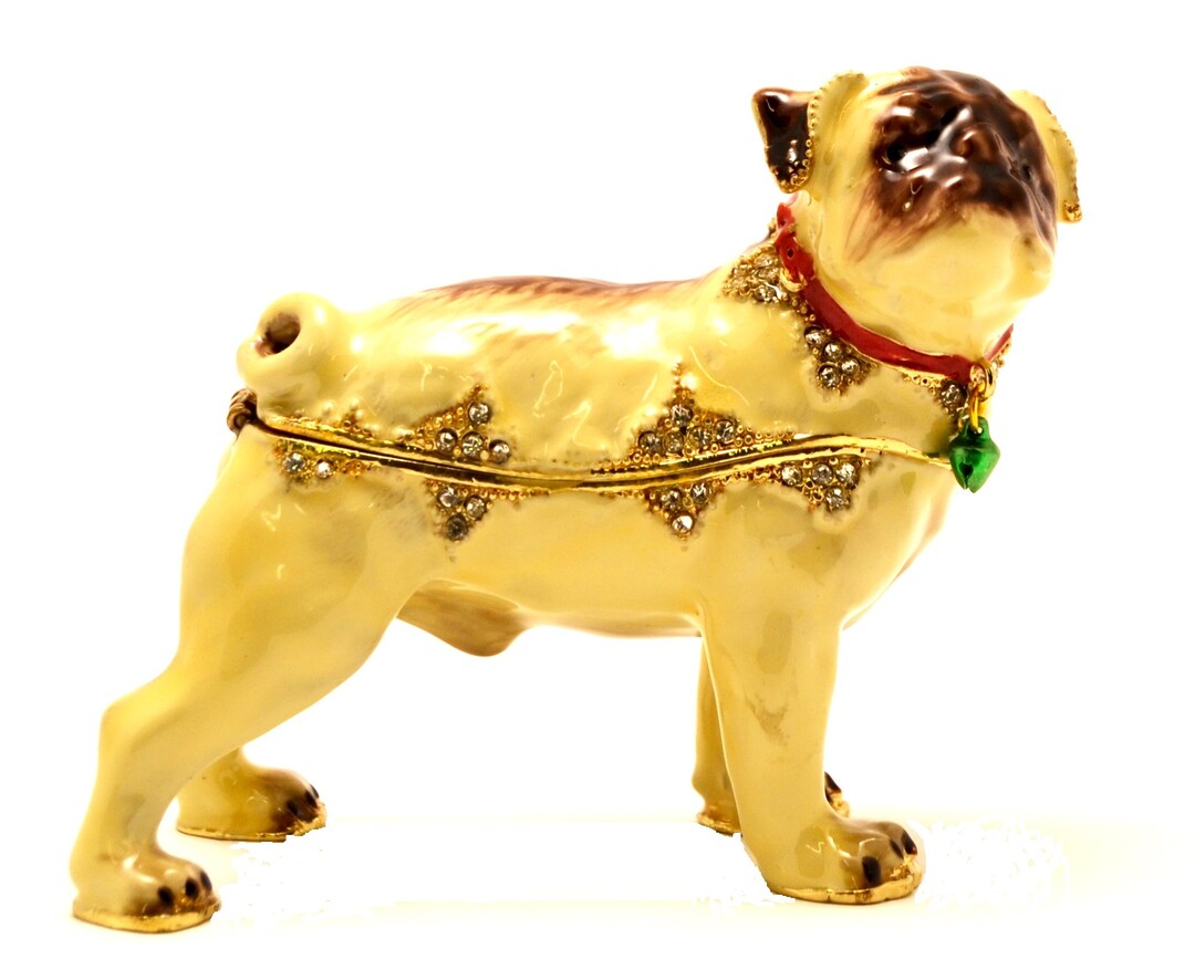 Hand Made Pug Dog Trinket Box. Hand Painted Beige Enamel With Austrian ...