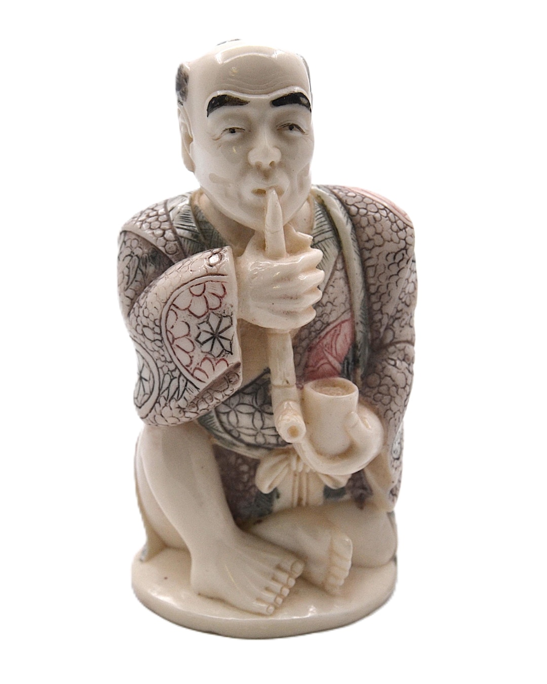 Vintage Chinese Man Smoking Pipe Figurine. Hand Scrimshaw Design With ...