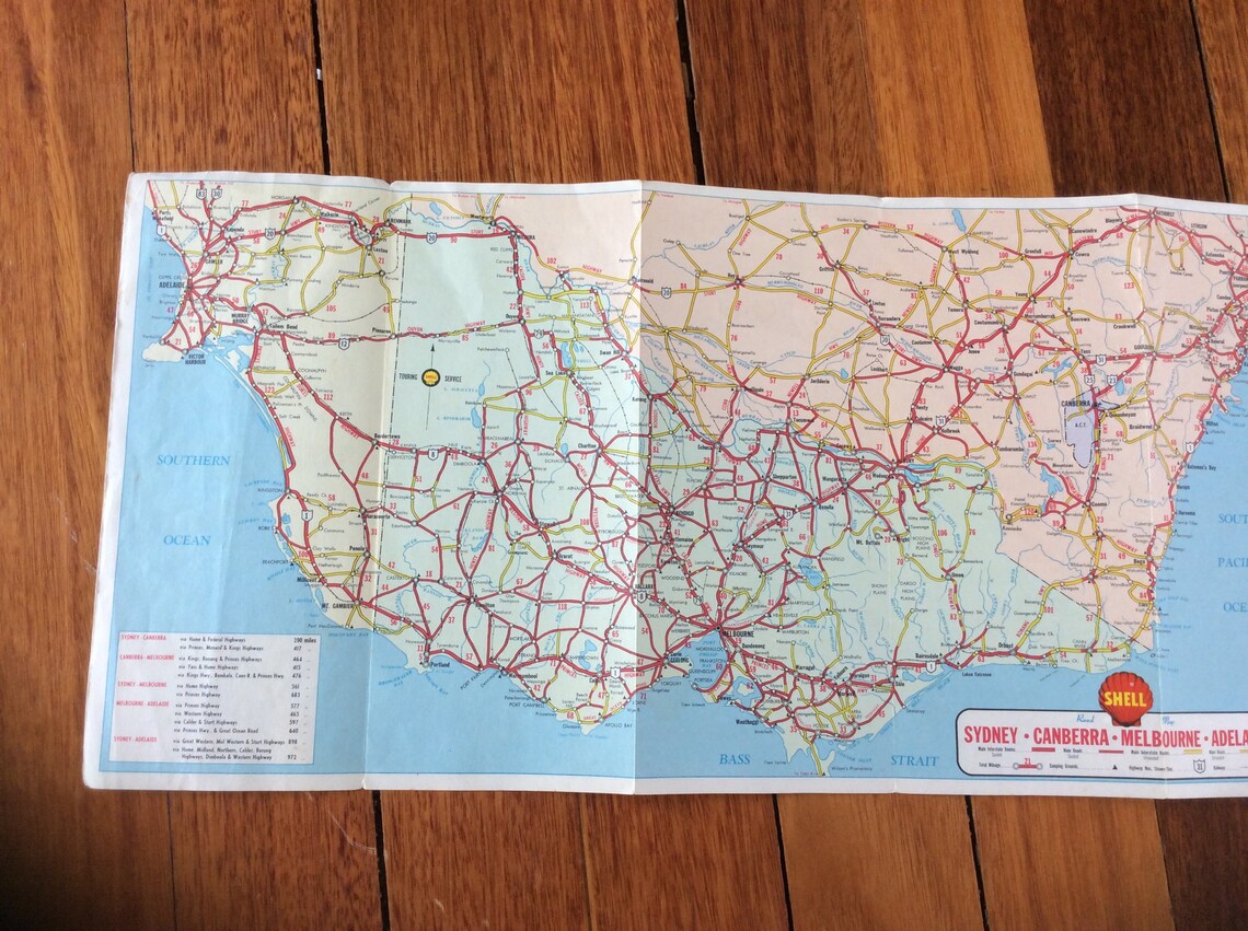 Shell Oil Australia Vintage Tourist Map. Sydney to Adelaide - Etsy