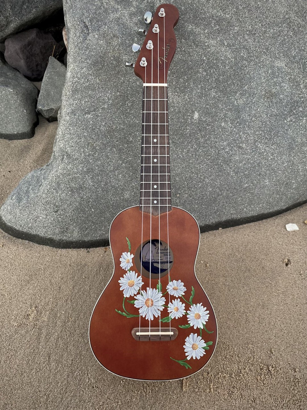 Hand Painted Fender Venice Soprano Ukulele; Natural Color With Daisies ...