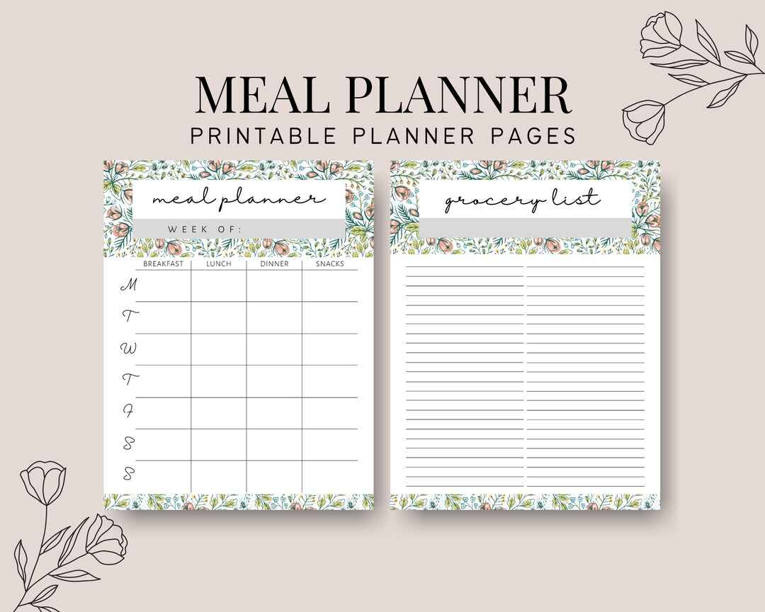 Weekly Meal Planner & Grocery List Printable Floral Printable Planner ...