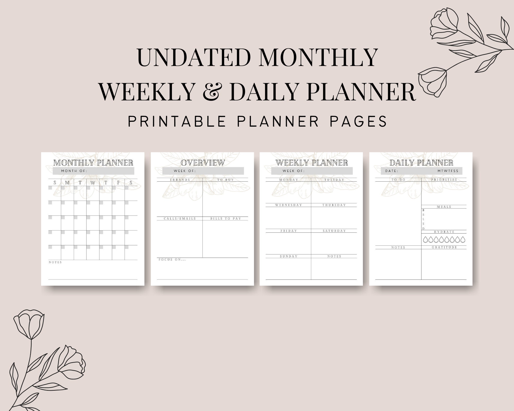 Undated Monthly Weekly & Daily Planner Insert Printable | Floral ...