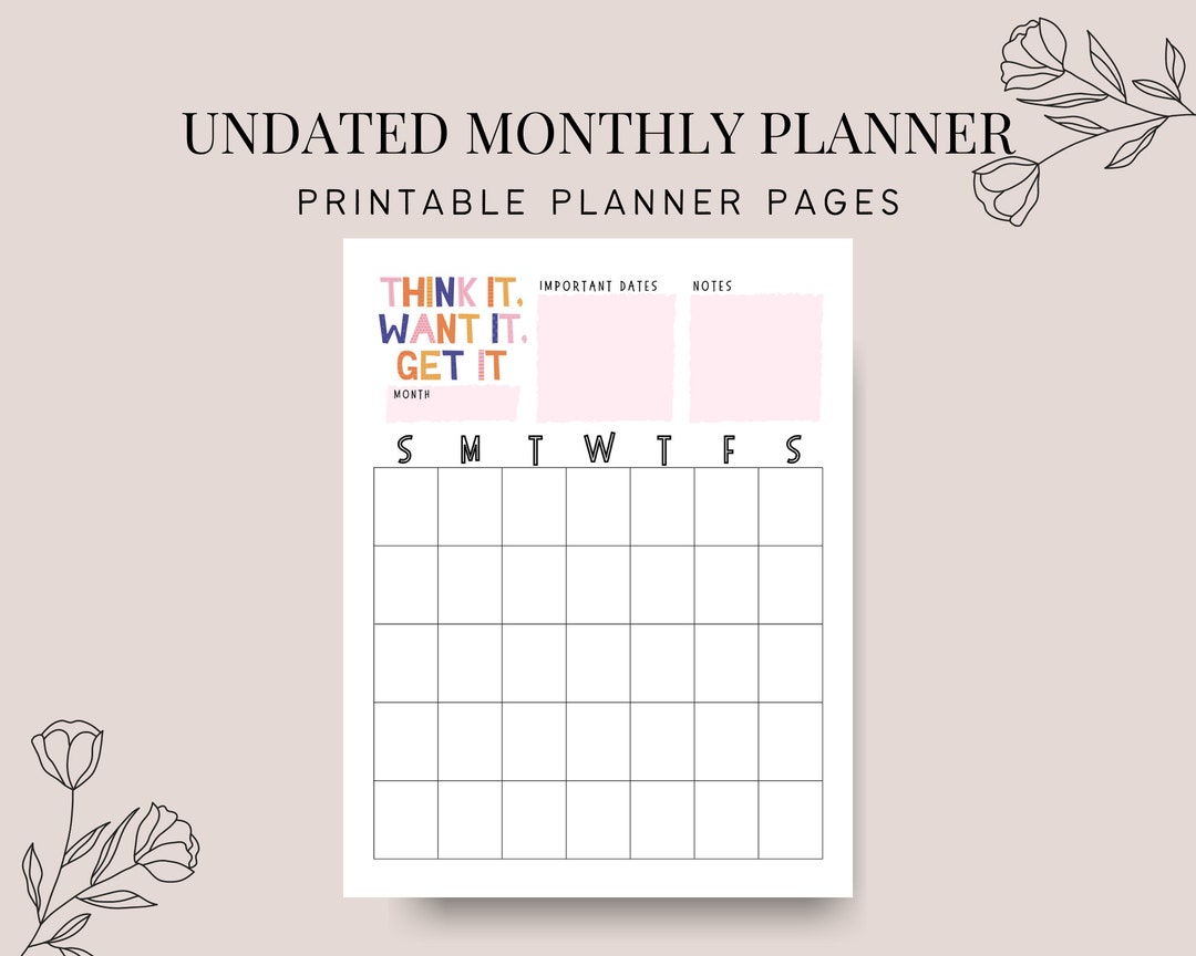 Undated Monthly Planner Insert Printable Floral Inserts PDF Letter A4 ...