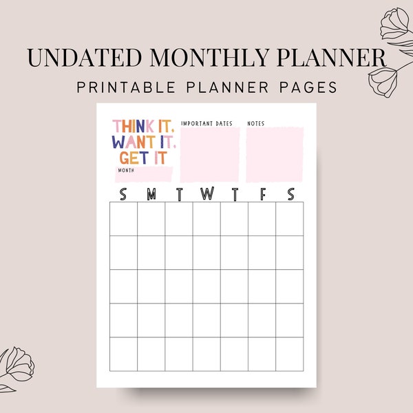 Undated Monthly Planner Insert Printable Floral Inserts PDF Letter A4 ...