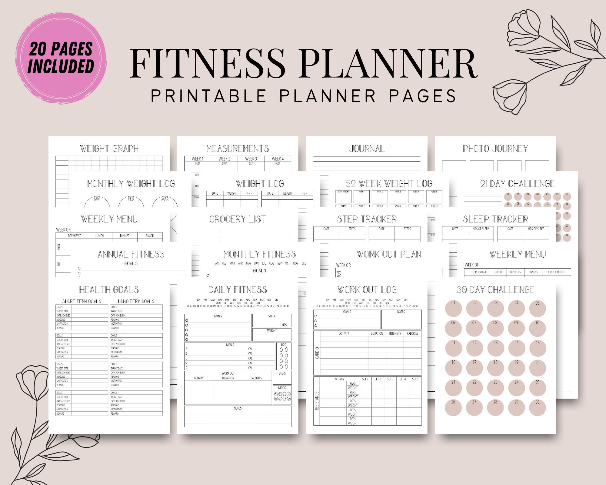 Fitness Planner Insert Printable | Printable Planner Inserts PDF ...
