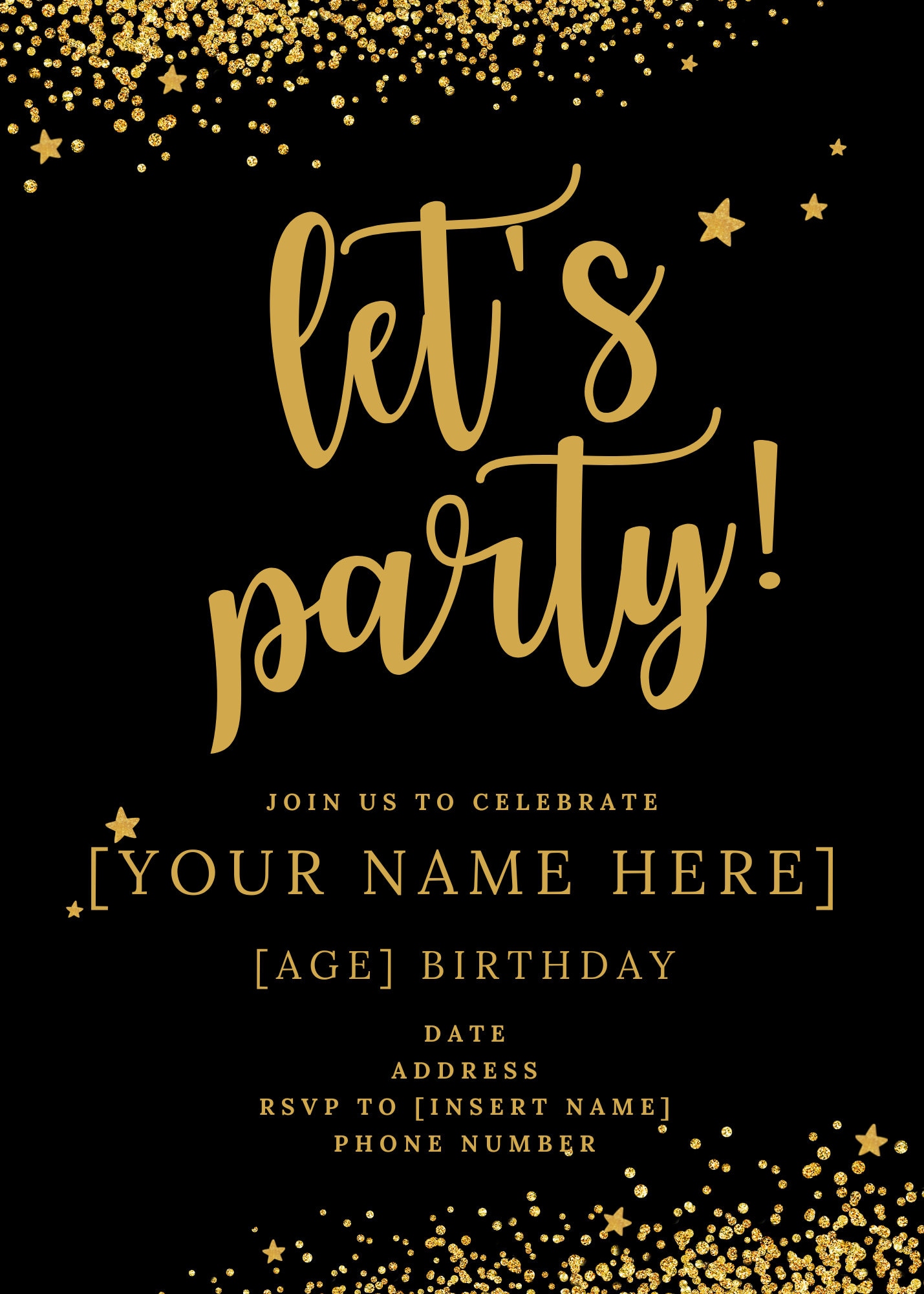 CUSTOM 'let's Party' Birthday Party Invitation Black/gold - Etsy