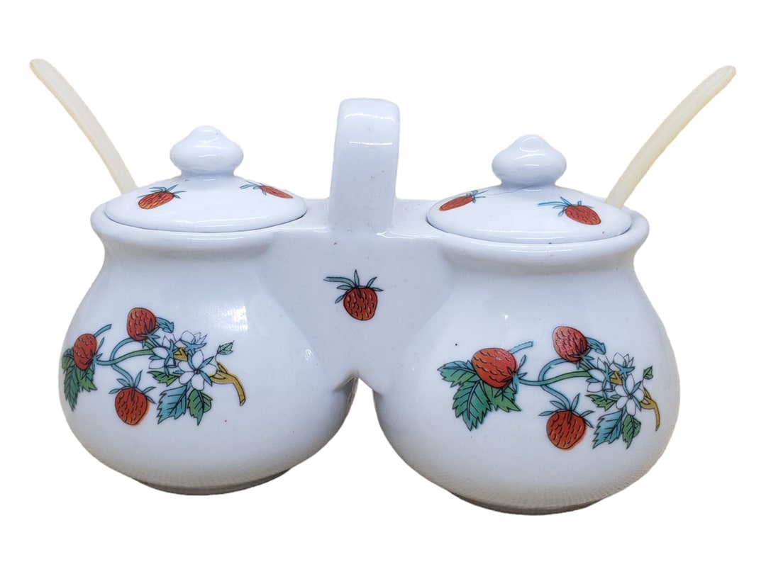 Vintage Strawberry Double Jam Jars With Spoons, Strawberry Plants ...