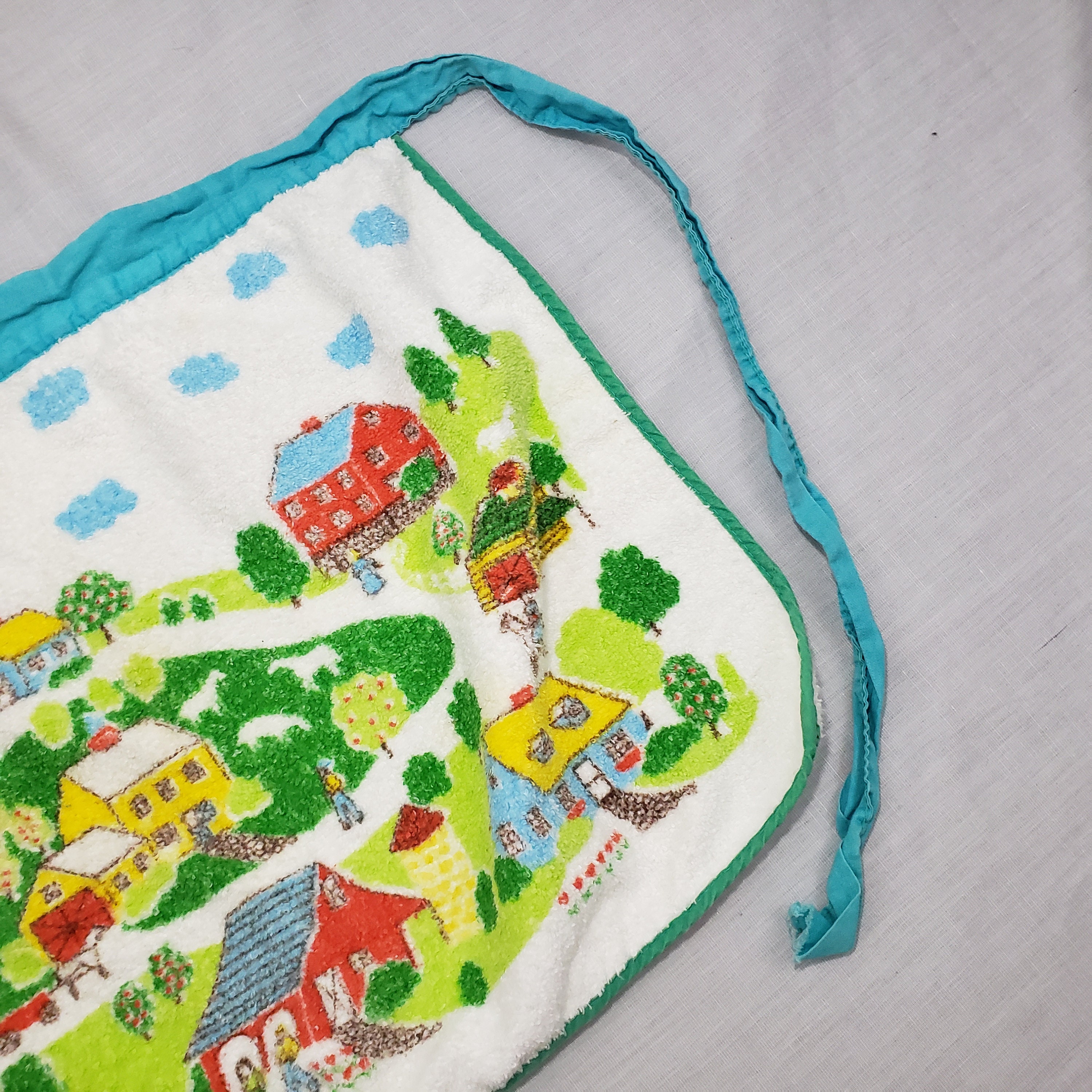 Vintage Farm Village Terry Cloth Half Apron, Blue White Apron ...