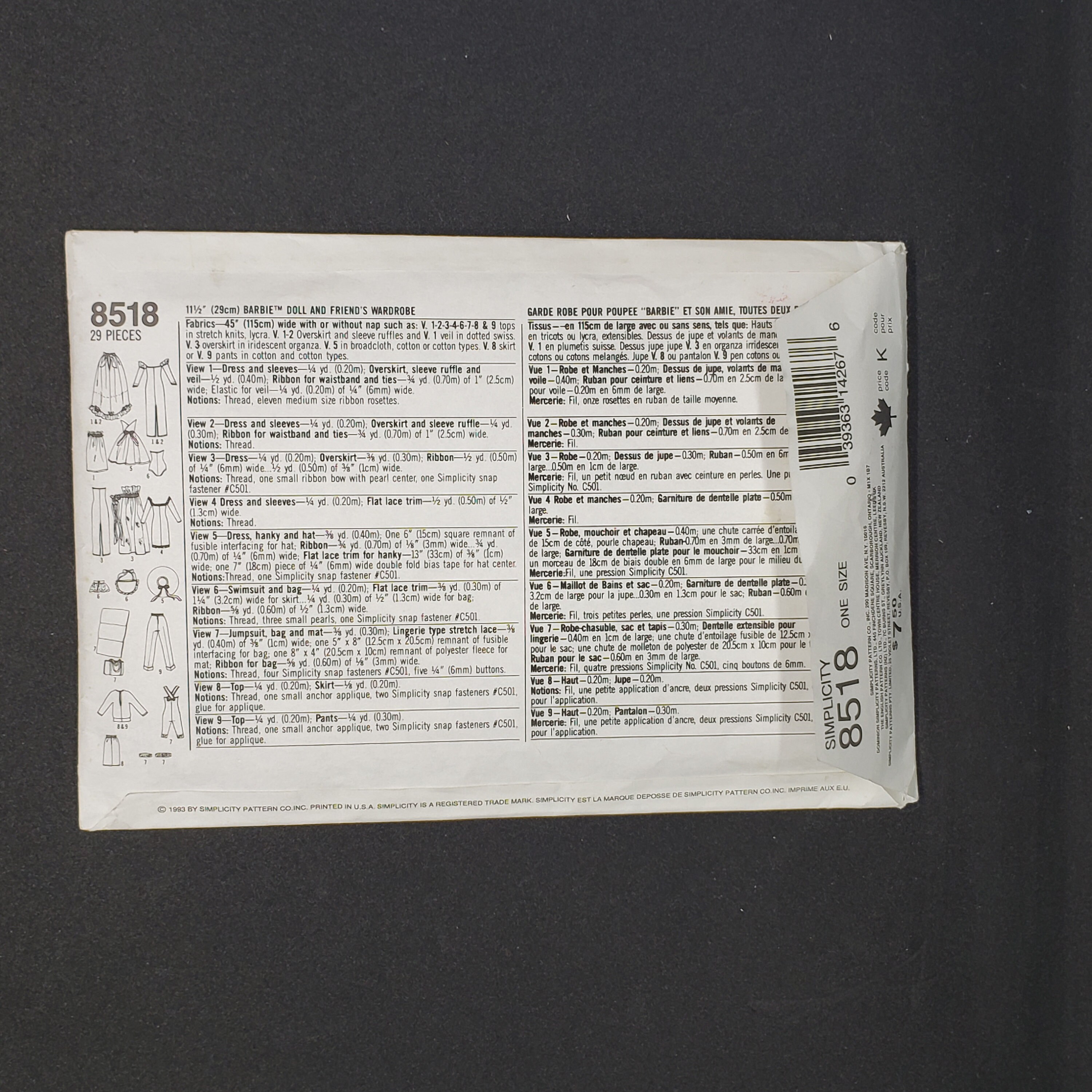 1993 Vtg Barbie Clothing Sewing Pattern, Simplicity 8518 Pattern ...