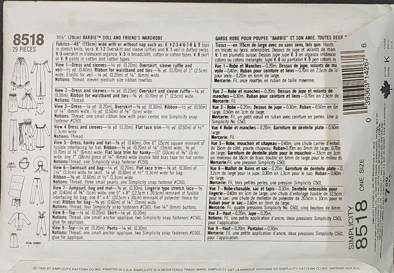1993 Vtg Barbie Clothing Sewing Pattern, Simplicity 8518 Pattern ...