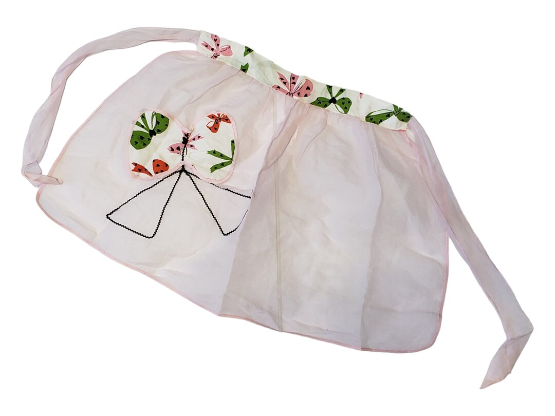 Vintage Pink Sheer Half Apron With Bow Shaped Pocket, Bow Apron ...