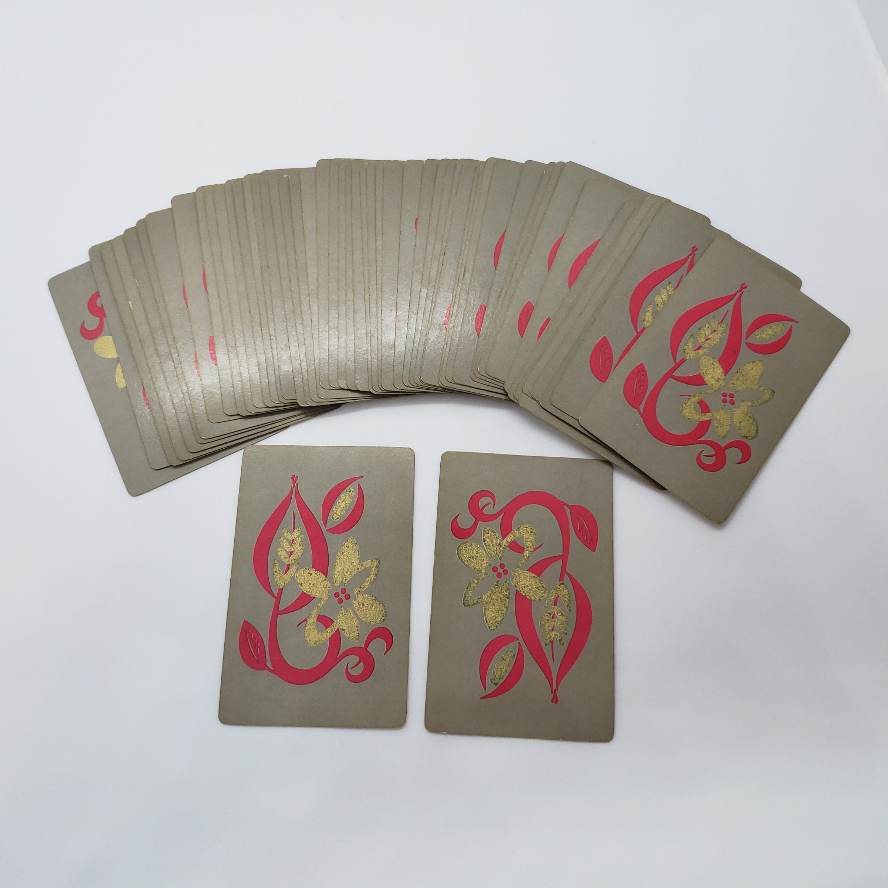 Vintage MCM Bridge Set Playing Cards, Floral Card Deck, Gold Red White ...