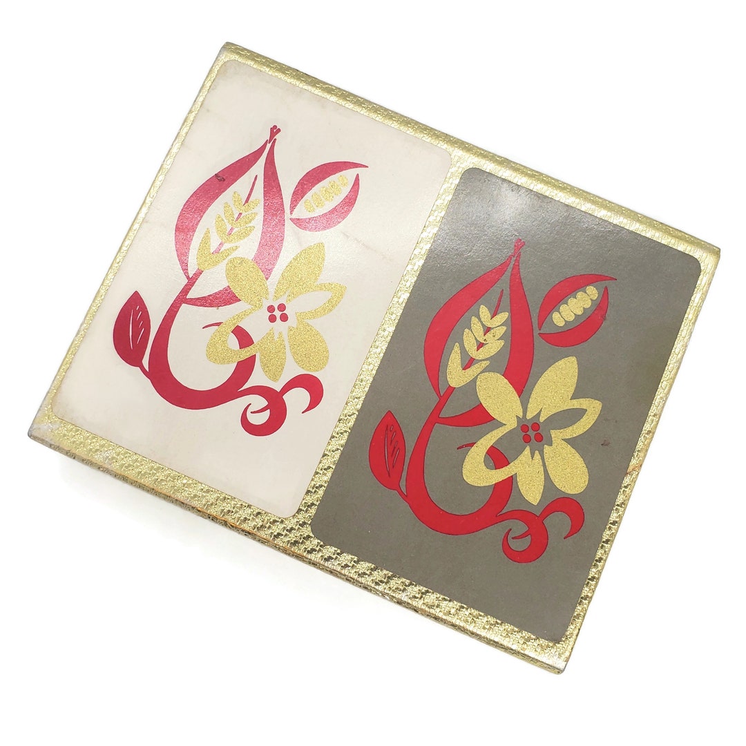 Vintage MCM Bridge Set Playing Cards, Floral Card Deck, Gold Red White ...