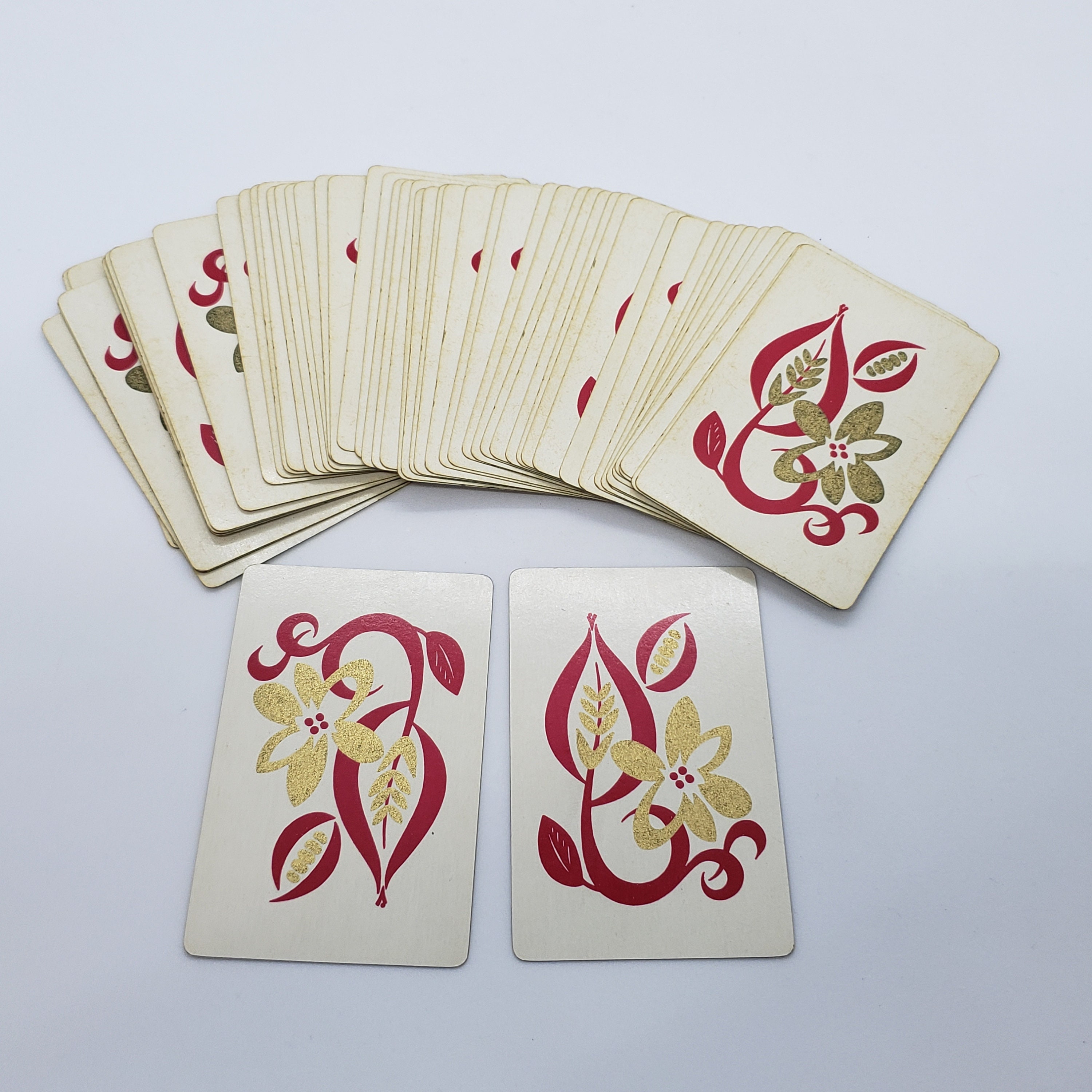 Vintage MCM Bridge Set Playing Cards, Floral Card Deck, Gold Red White ...