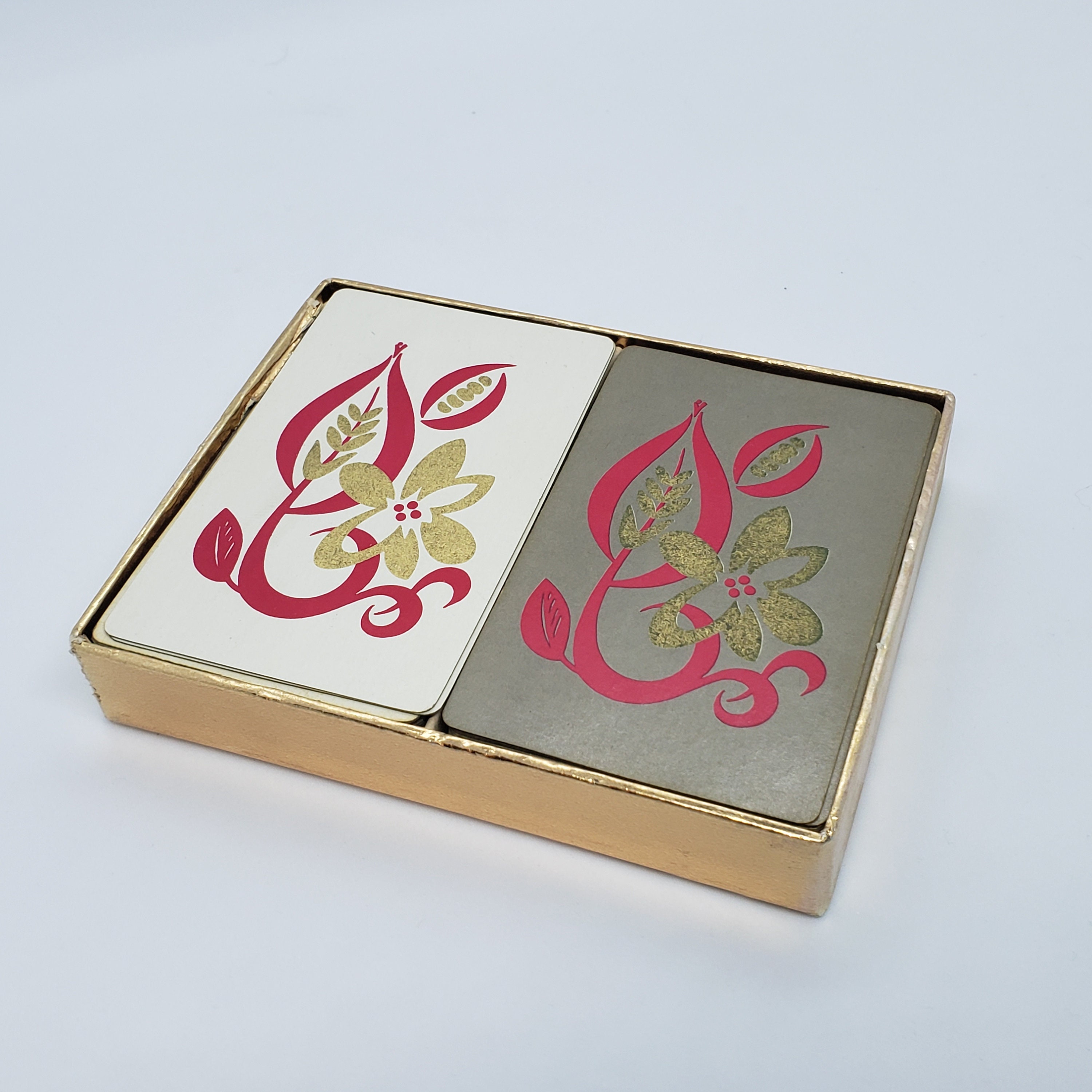Vintage MCM Bridge Set Playing Cards, Floral Card Deck, Gold Red White ...