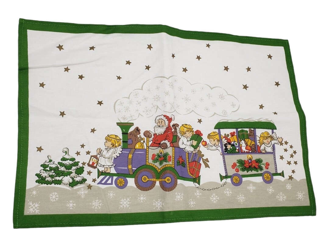 Vintage German Christmas Table Mat, Santa Claus Christmas Train Table ...
