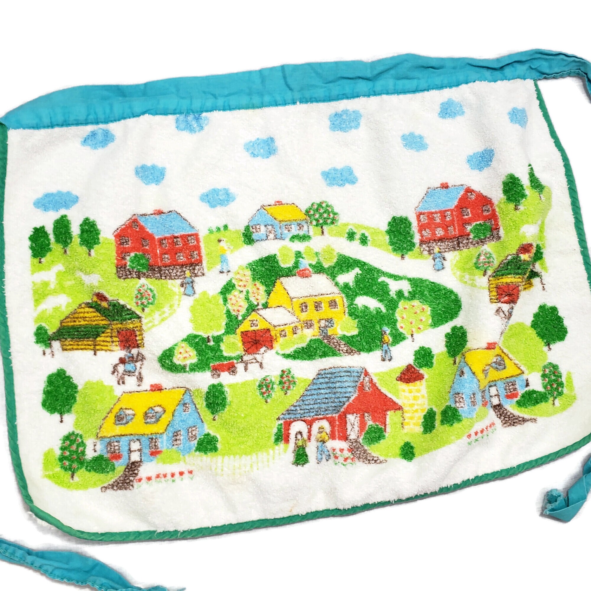 Vintage Farm Village Terry Cloth Half Apron, Blue White Apron ...