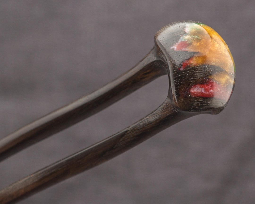 Wooden Hair Fork, 2 Prong Hair Pin for Hairstyle, Accessory With Epoxy ...