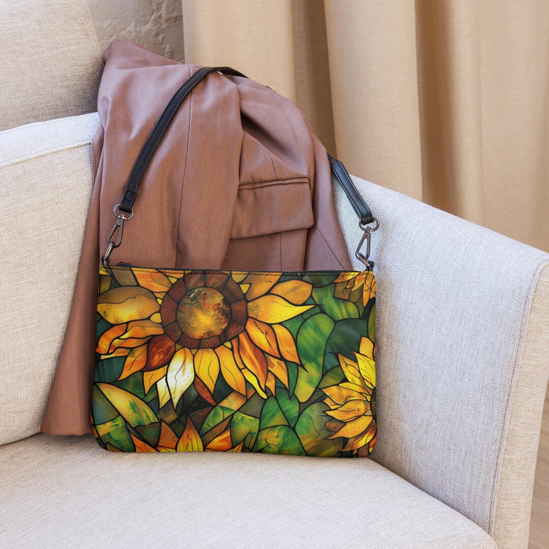 Stained Glass Sunflower Crossbody Bag, Faux Leather Yellow Sunflowers ...