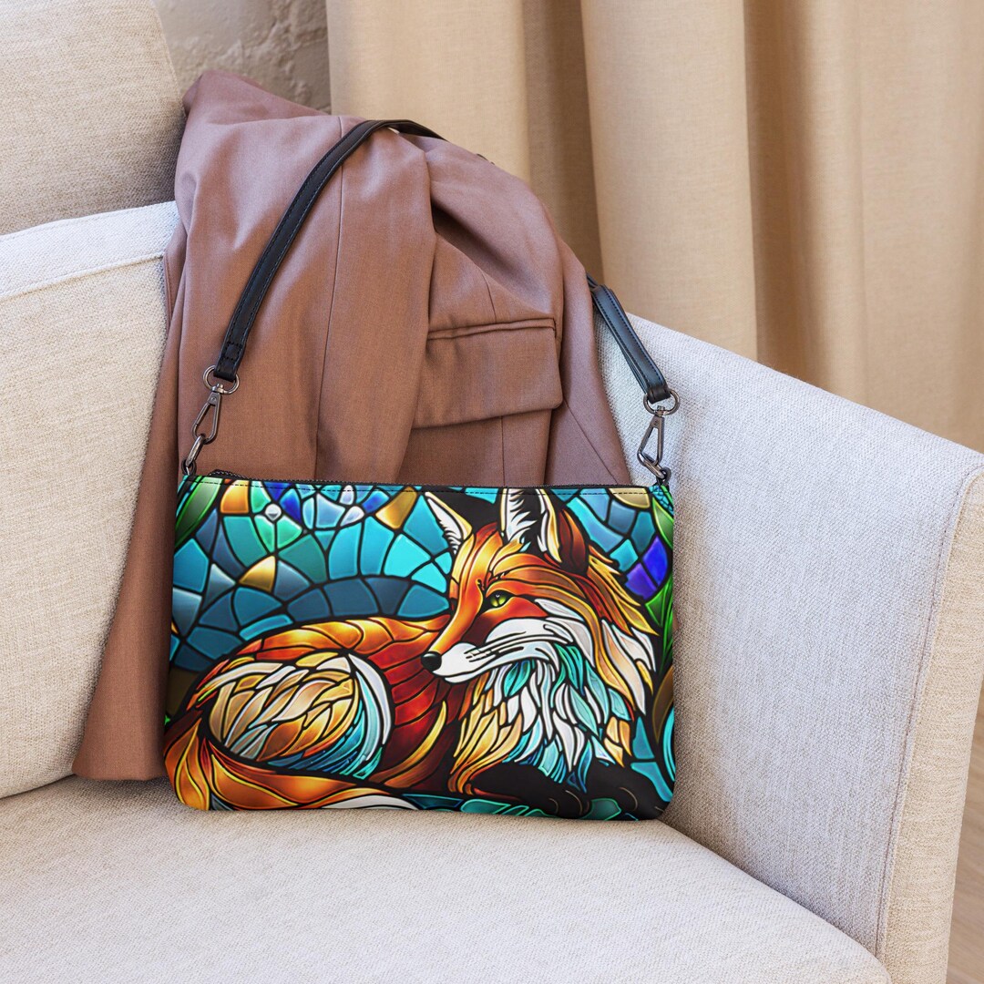 Stained Glass Fox Crossbody Bag, Faux Leather Purse, Flowery Fox Clutch ...