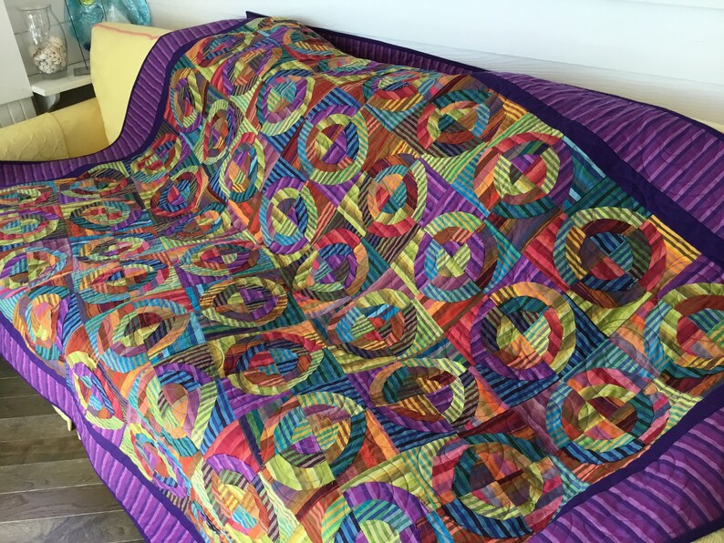Bullseye Quilt Using Kaffee Fassett Woven Stripes, Unique, Bed Size ...