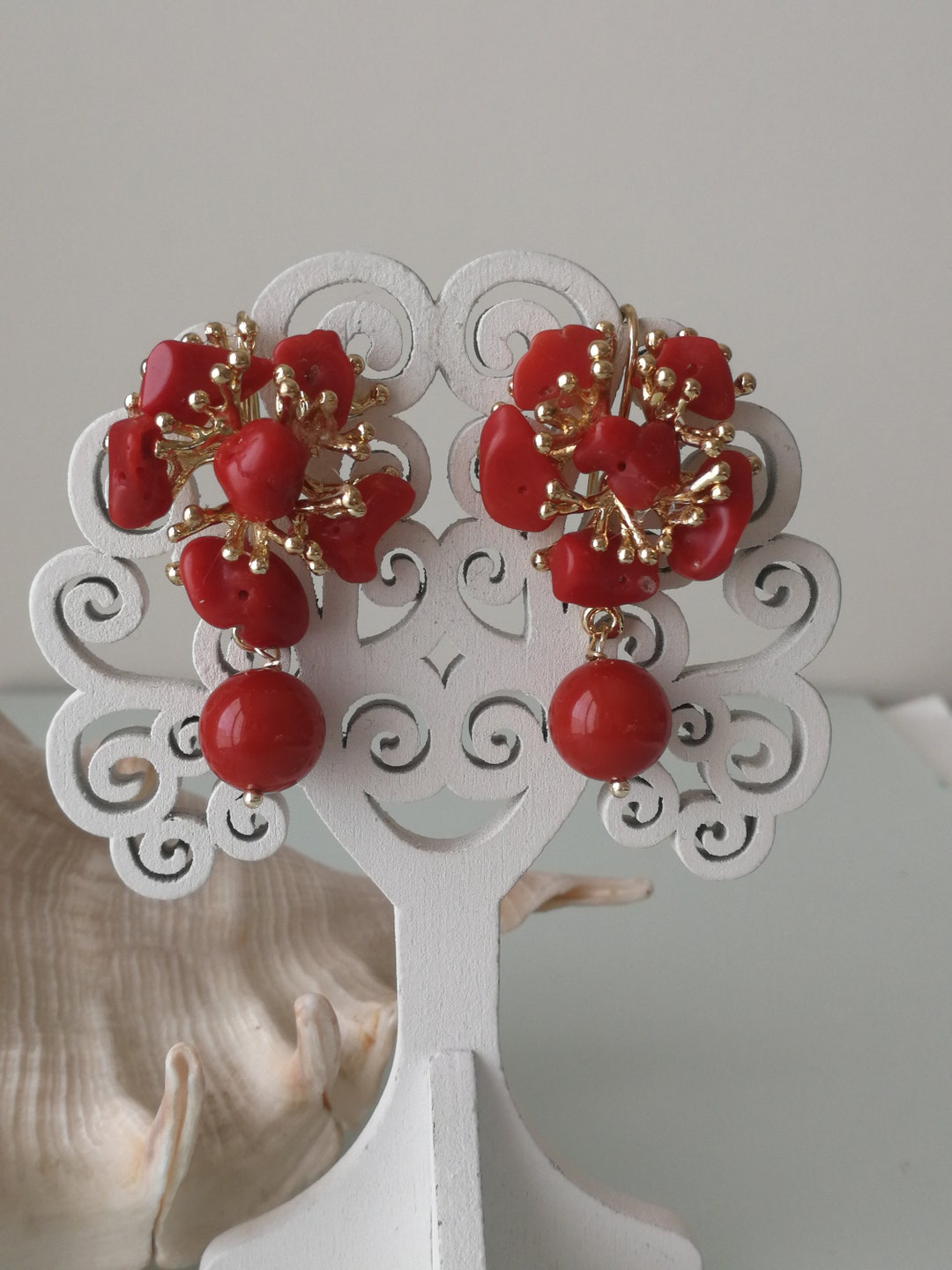 Natural Mediterranean Red Coral Earrings. Coral Flower Earrings. - Etsy