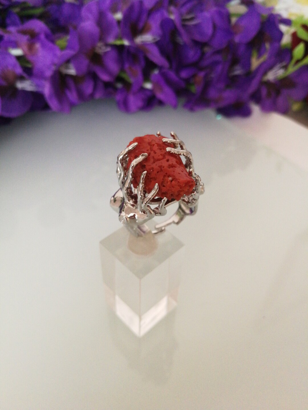 Natural Red Coral Ring of the Mediterranean Maxi. Art Nouveau Style. - Etsy